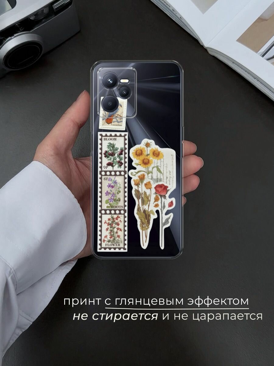 Силиконовый чехол на Realme C35 / Реалми C35 с принтом Марки с цветами — фото 1