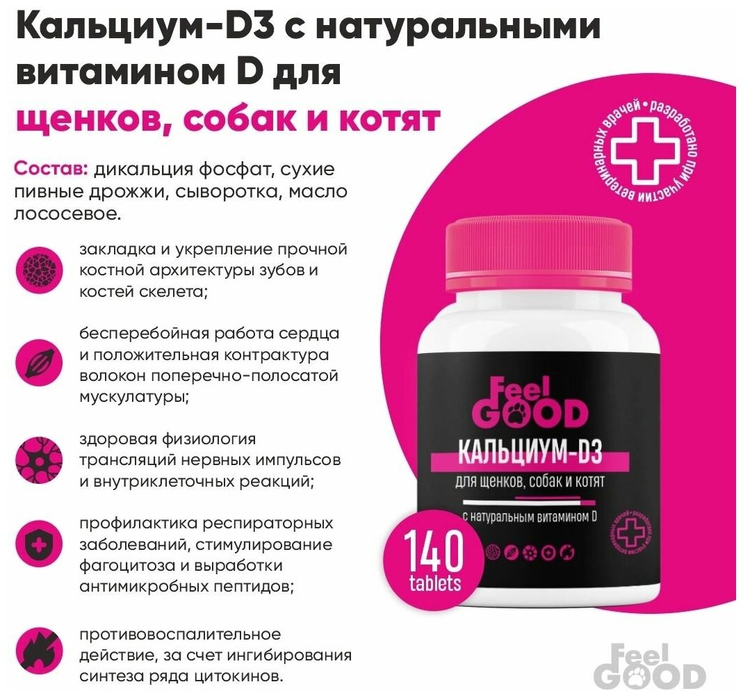 Кальциум-D3 с натуральным витамином D для щенков, собак и котят (140 табл.)