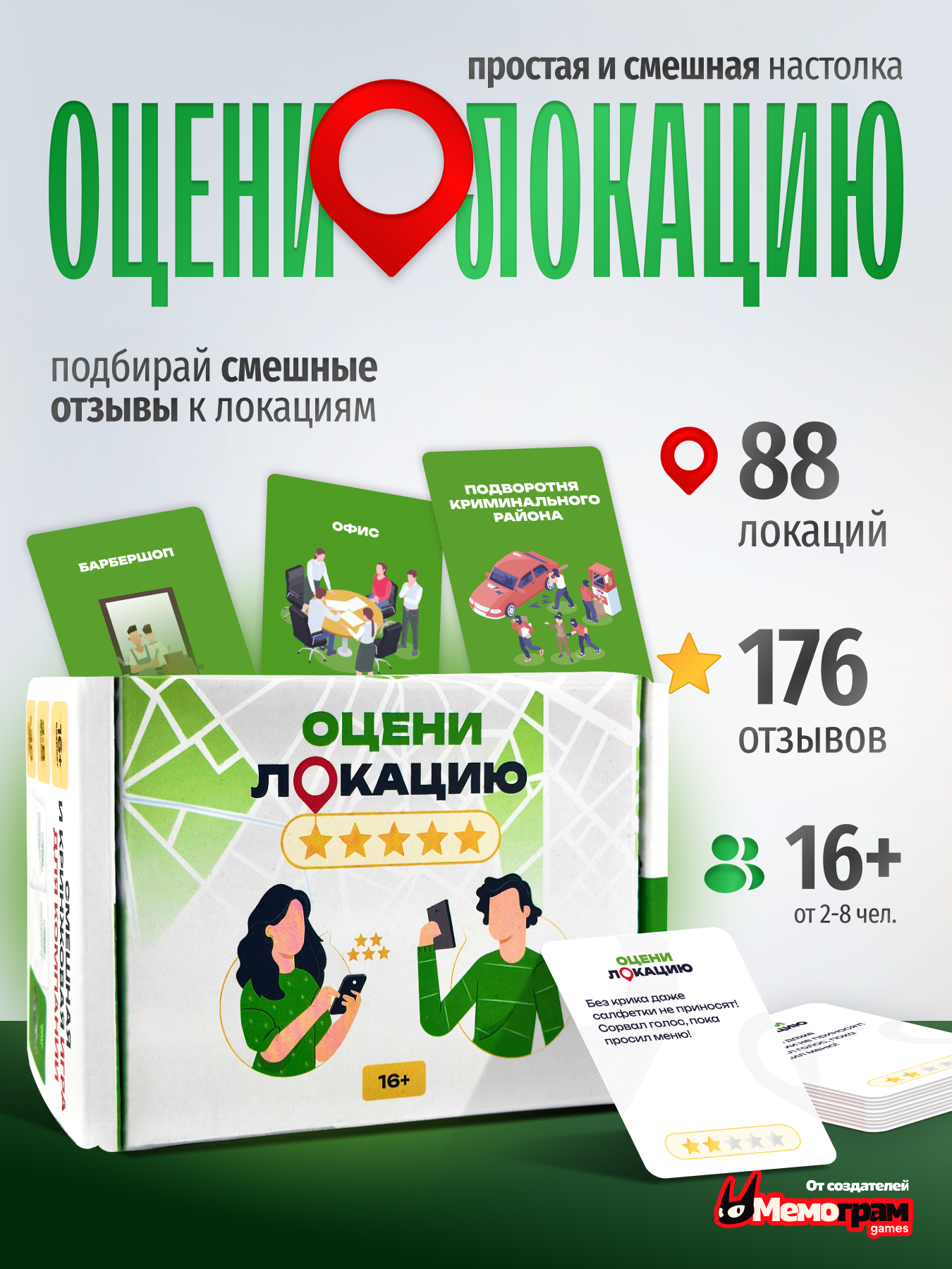 Настольная игра Оцени локацию смешным комментарием для компании друзей, на вечеринку, в подарок Мемограм