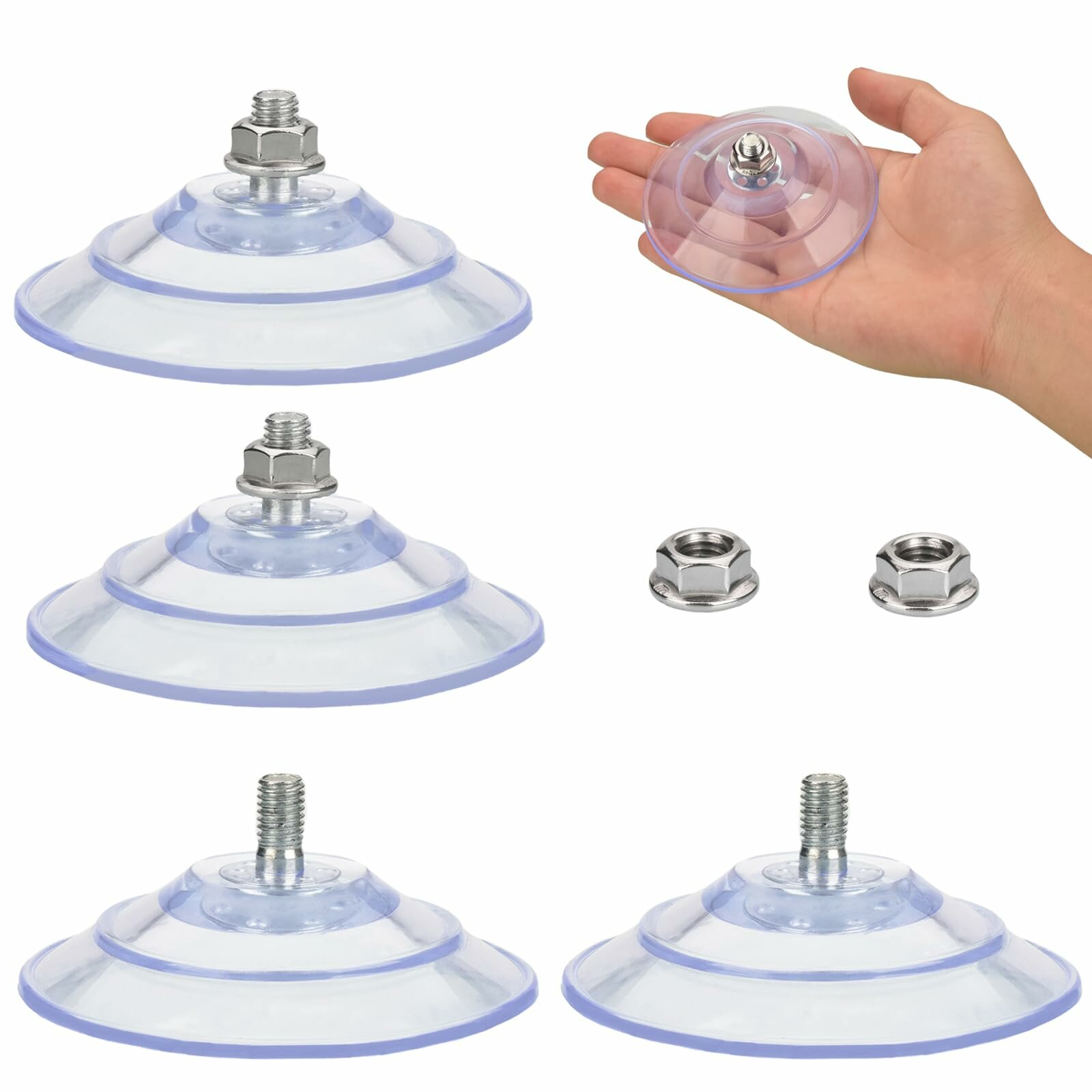 AccEncyc 85mm Heavy-Duty Clear Suction Cups с винтами M8 4-Pack - Без необходимости воды ПВХ патроны для крепления в ванной комнате и на окнах, диаметр подставки 3.4 дюйма / 85мм, винт M8 x 10мм, 4 нержавеющих стальных крышки
