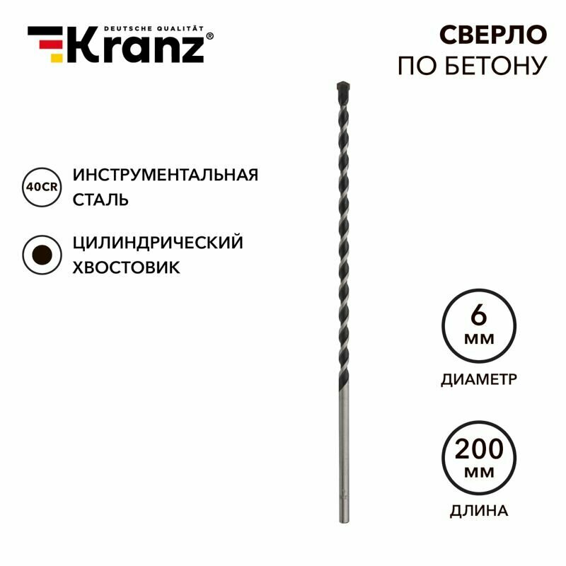 Сверло по бетону 6х200мм, цилиндрический хвостовик KRANZ