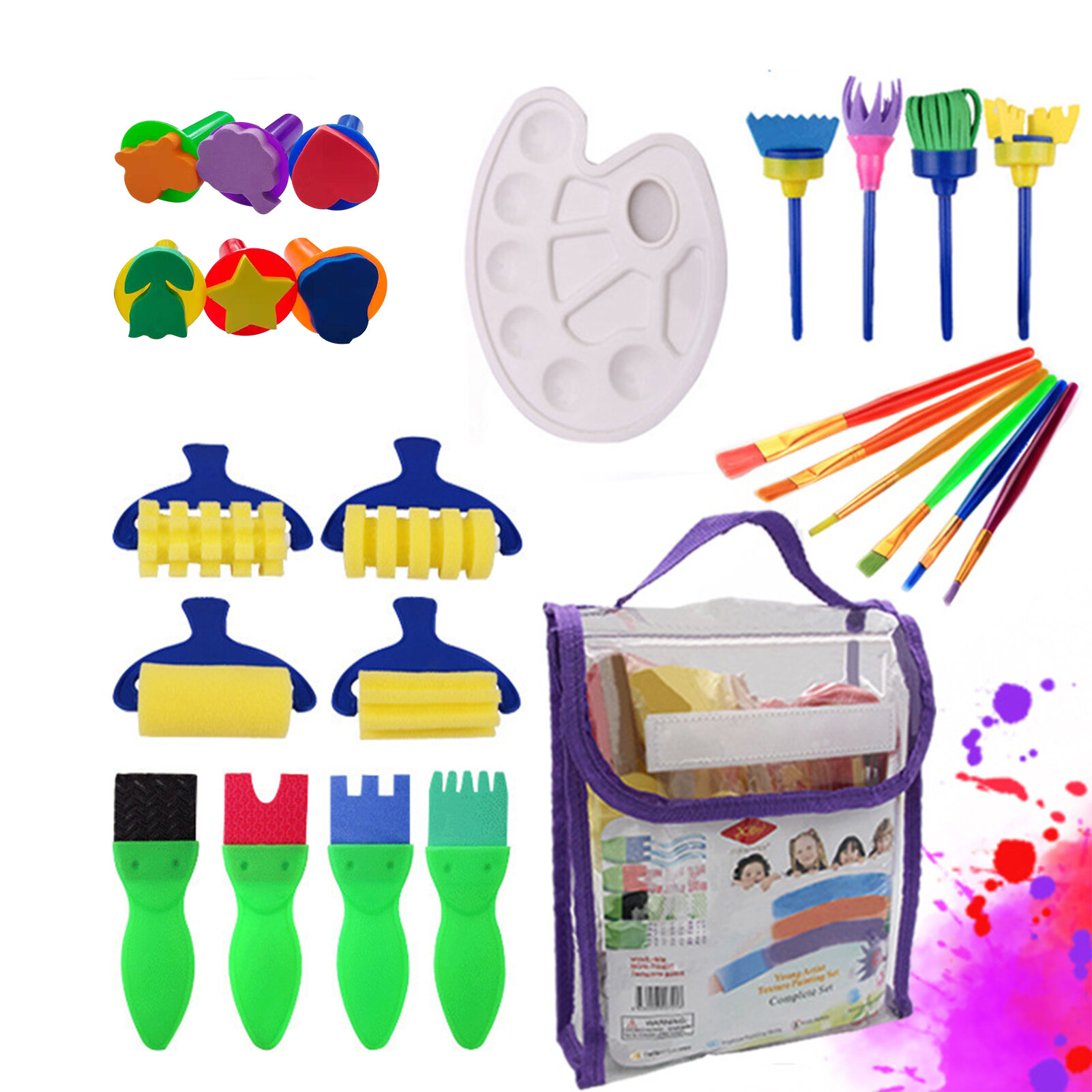 25PCS Набор Кистей для Детской Малярки Мокрые Кисти для Пензлей Губки для Малярки для Детей Малышей Раннего DIY Обучения Игрушек Палец Краски Губки Материалы для Искусства Подарки для Акрилловых Ремесел Камней Темпера Пaints
