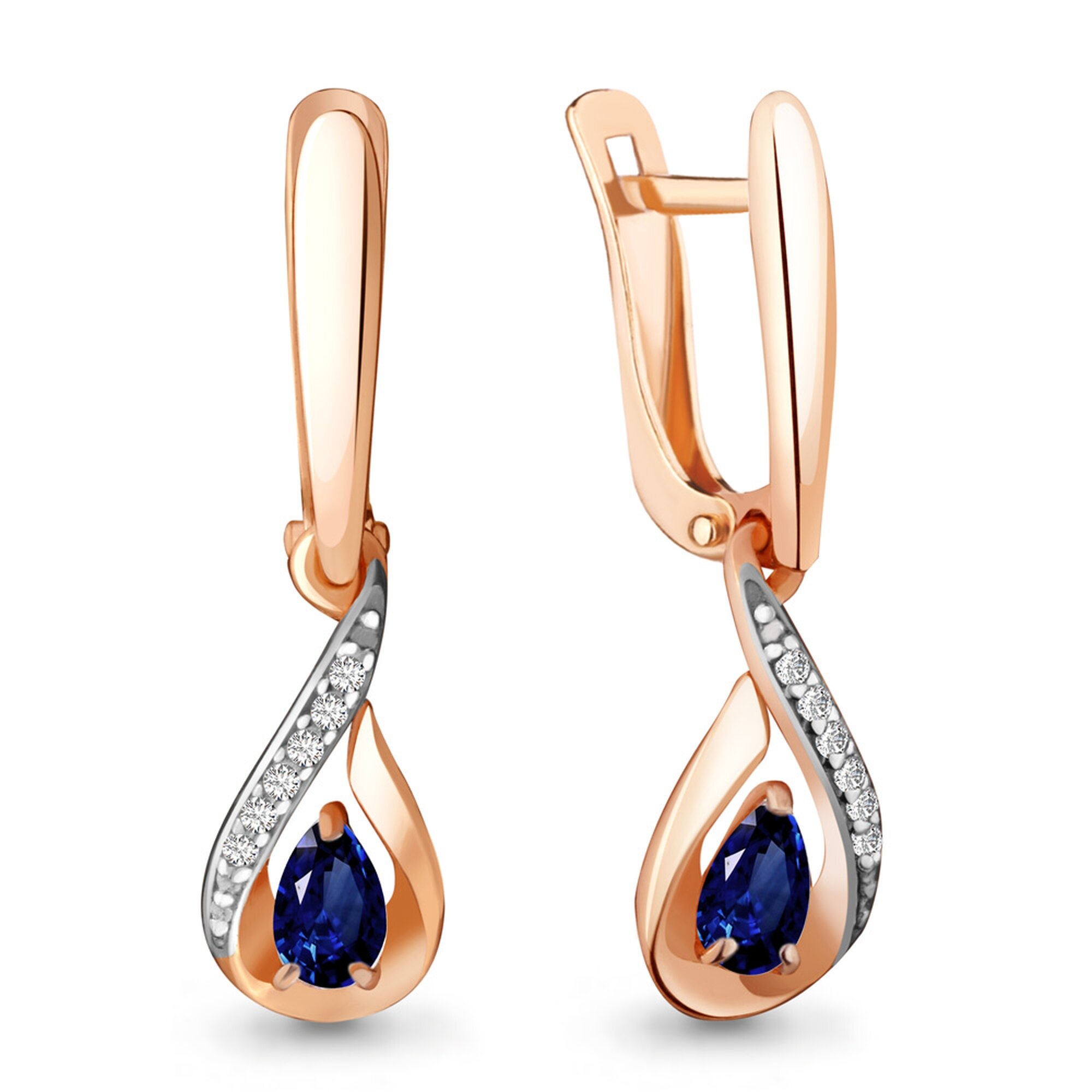 Серьги, серебро, 925 проба, золочение, фианит, сапфир синтетический