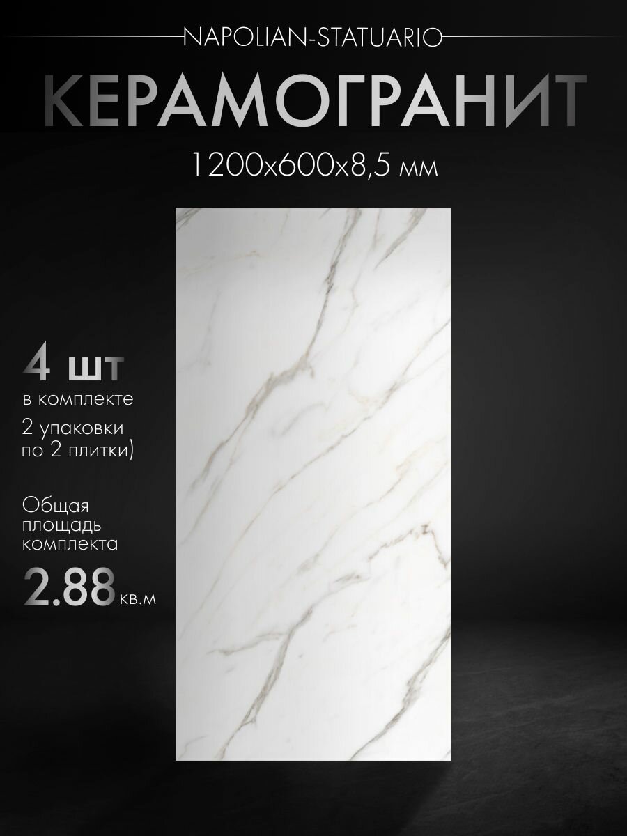 Керамогранит 120*60 плитка напольная настенная, белый керамогранит матовый, 4 штуки в комплекте, упаковка 2,88 м2