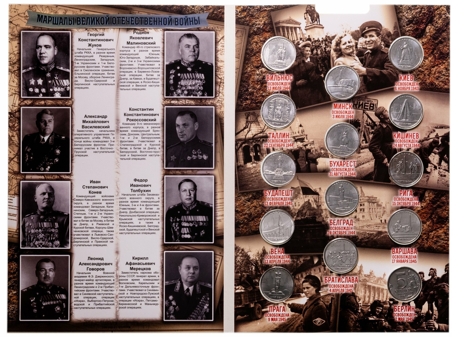Полный комплект 5 рублей 2016 серии "Города-столицы государств, освобожденные советскими войсками от немецко-фашистских захватчиков" 14 монет в альбоме, Сталь