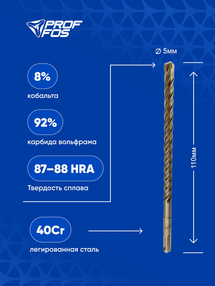 Бур для перфоратора, 5мм, 4 резца, Квадро, бур по бетону SDS-plus