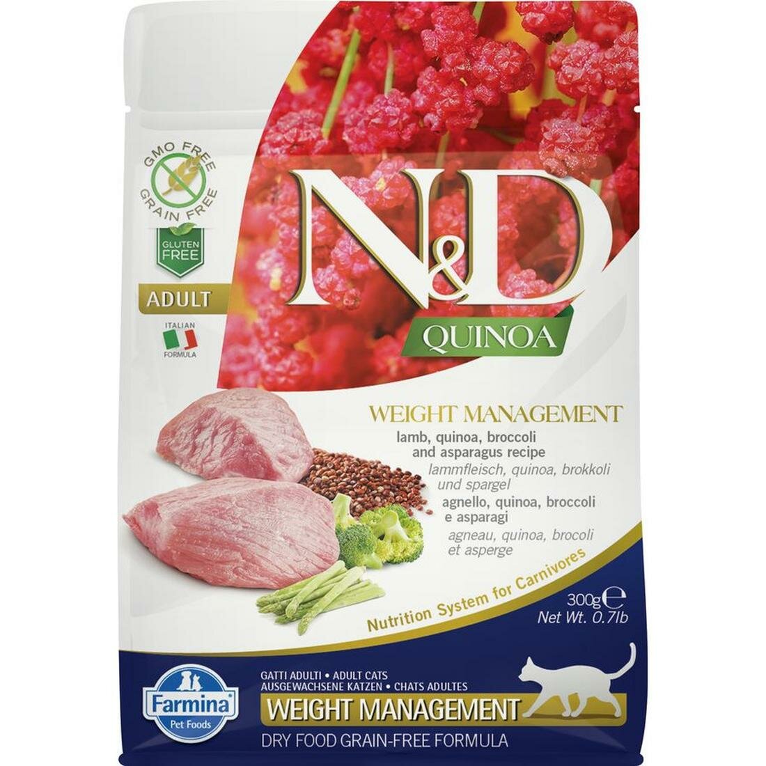 Farmina ND Quinoa Cat Grain Free Weight Lamb сухой беззерновой корм для взрослых кошек для контроля веса, ягненок 300 г