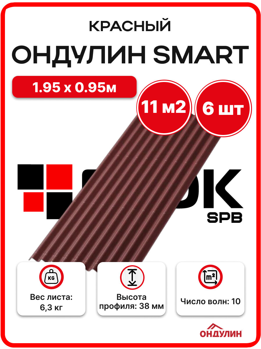 Ондулин SMART для кровли 1,95х0,95м красный - 6 листов 11 м2