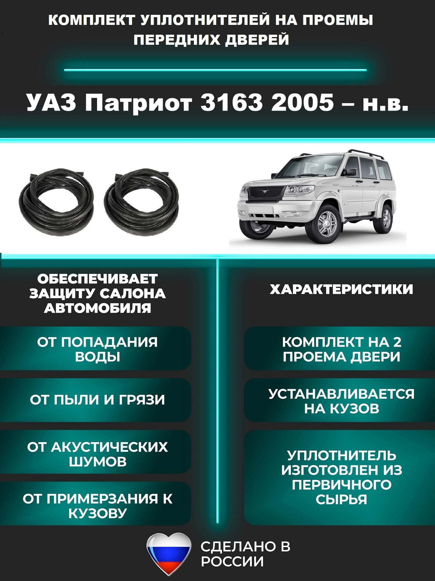 Комплект уплотнителей на проем передних дверей на УАЗ Патриот / UAZ Patriot, пикап, Профи