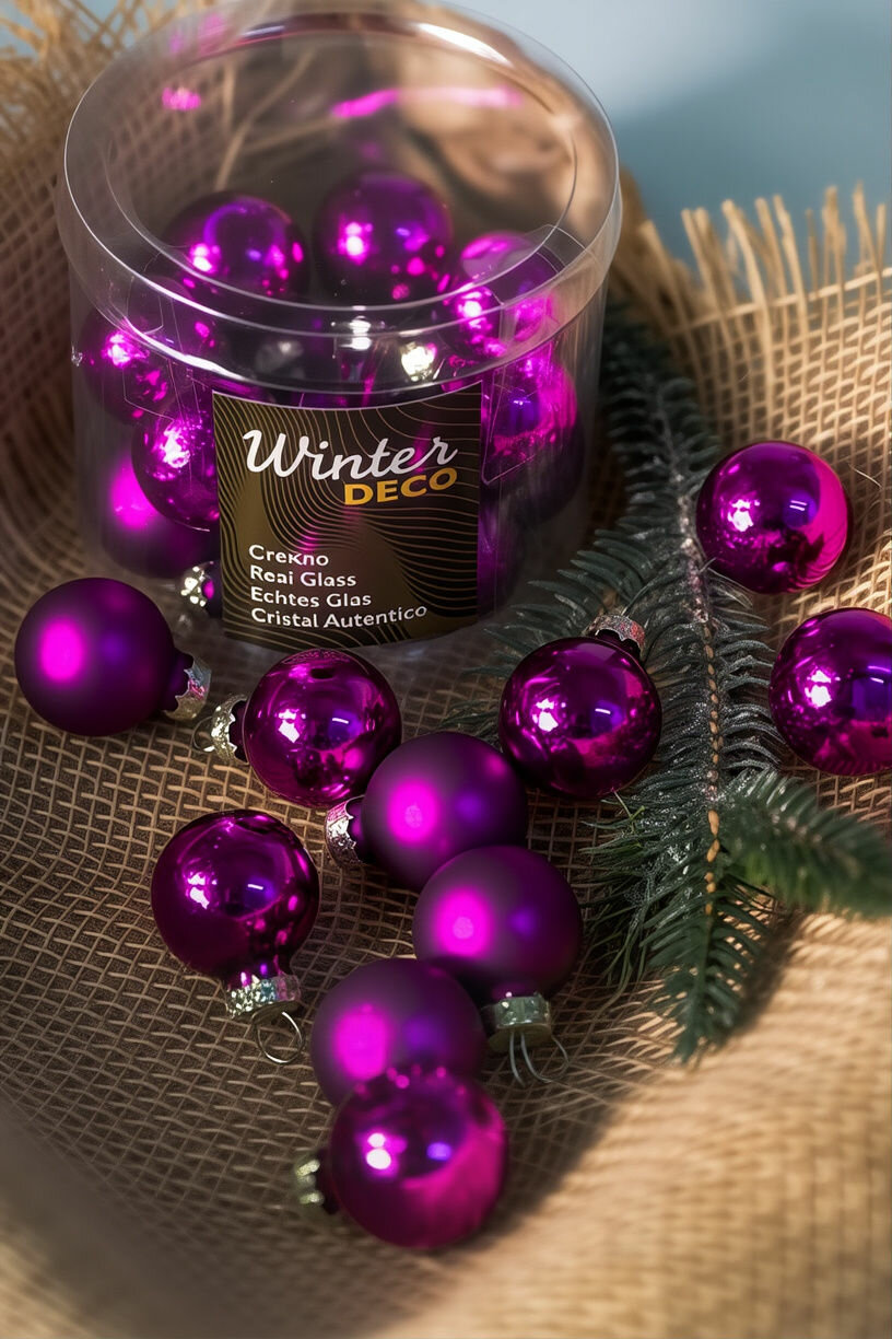 Стеклянные шары делюкс матовые и глянцевые, цвет: фиолетовый, 25 мм, упаковка 24 шт, Winter Deco 010627
