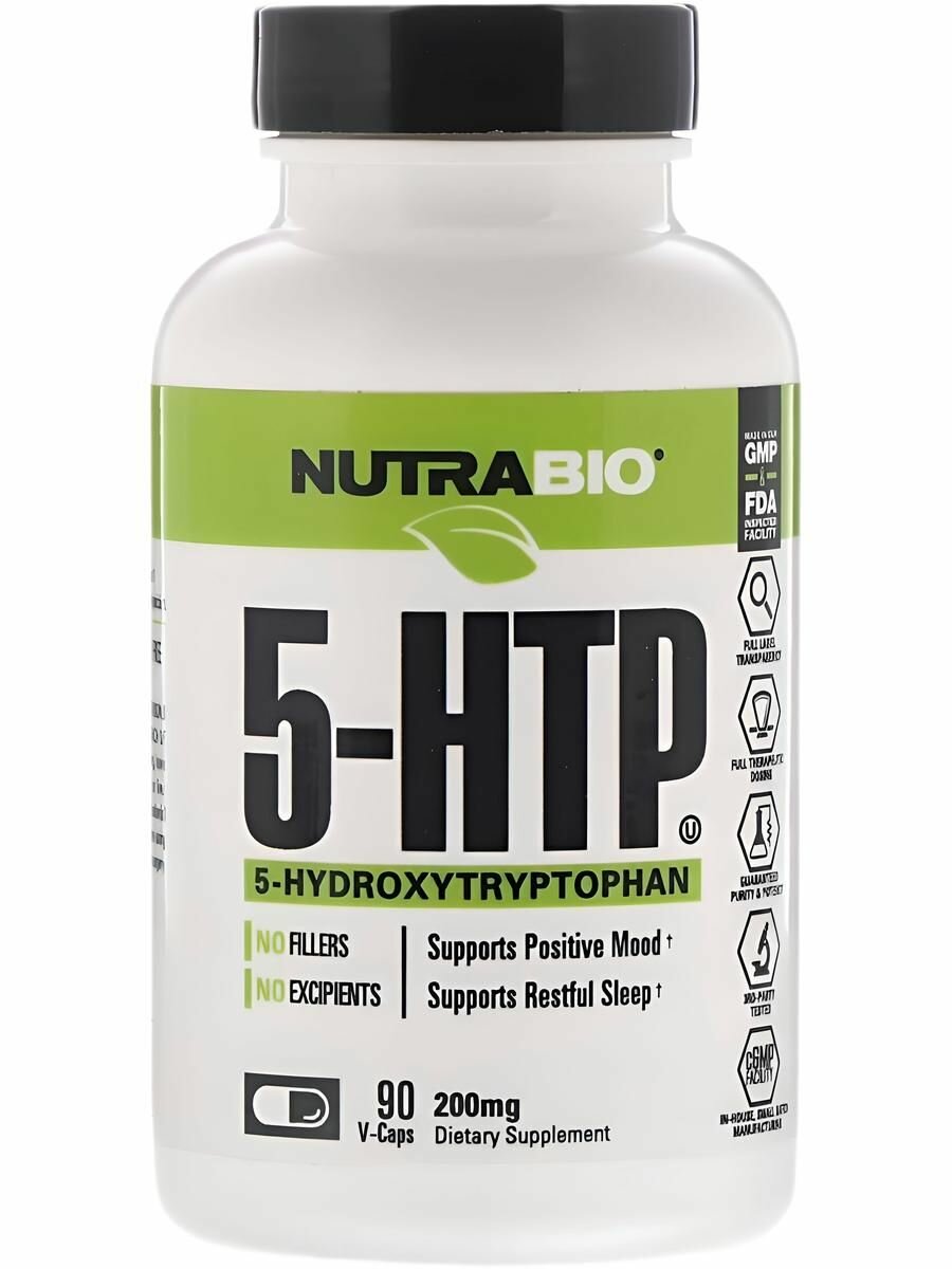 5-HTP NutraBio, 200мг, 90капсул, для настроения, сна и аппетита