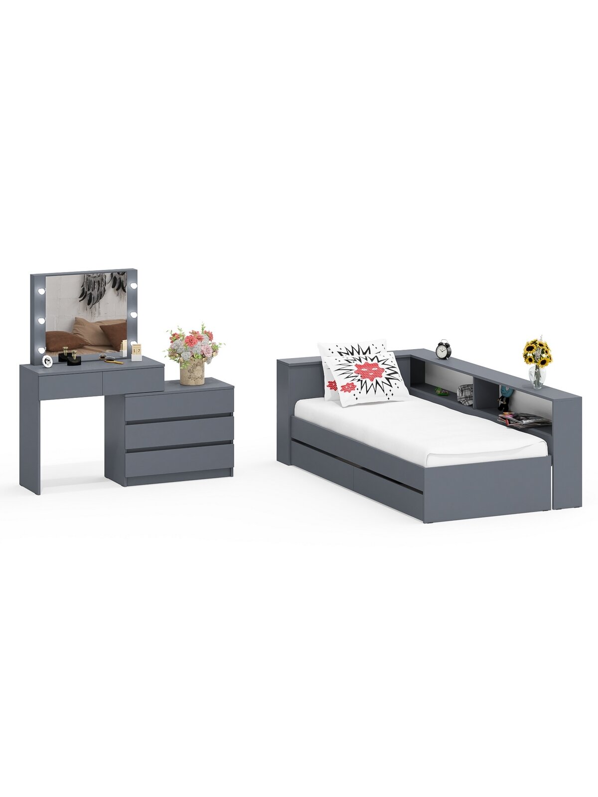 Столик косметический с лампочками 110 и кровать Ксения 900 с ящиками и прикроватным блоком, цвет графит