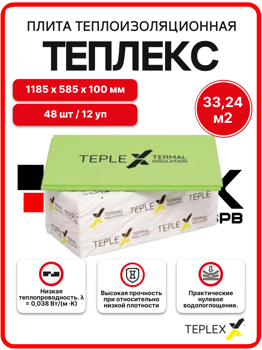 Теплекс 100 мм (12 уп. / 33,24 м2 / 48 плит) утеплитель из пенополистирола (XPS, эппс) для стен, фасадов, пола