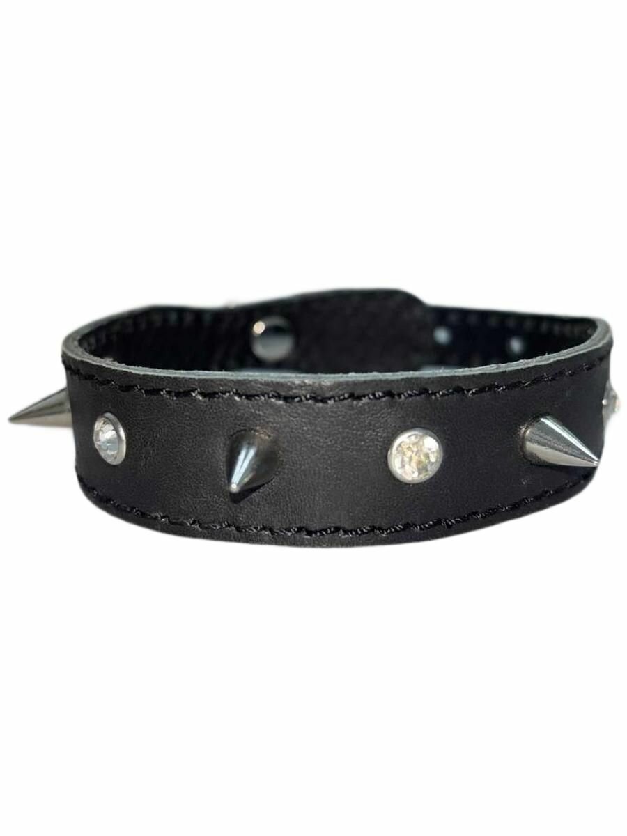 Ошейник-миди кожаный двойной с расширением и шипами 14*310 мм, цвет черный
