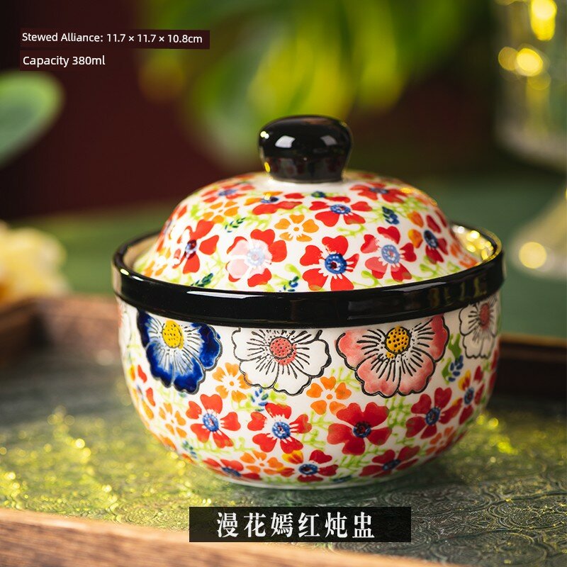 Керамическая кастрюля для супа с крышкой, розово-красный цветочный дизайн, элегантная кухонная посуда, 1 шт, 200 мл