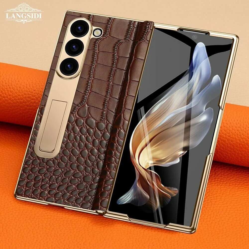 Чехол для Samsung Galaxy Z Fold6 (Самсунг Галакси Z Fold 6), с защитным стеклом для экрана, Магнитная адсорбция шарнира центральной оси, натуральная коровья кожа, коричневый