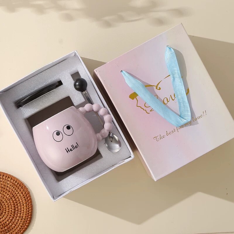 Коробка с радугой: пурпурная керамическая кружка с крышкой и ложкой - Подарок на день рождения для офиса