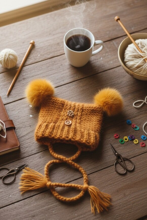 Шапочка-чепчик для собачки мелкой породы связана из пряжи пух норки, украшена забавными помпончиками