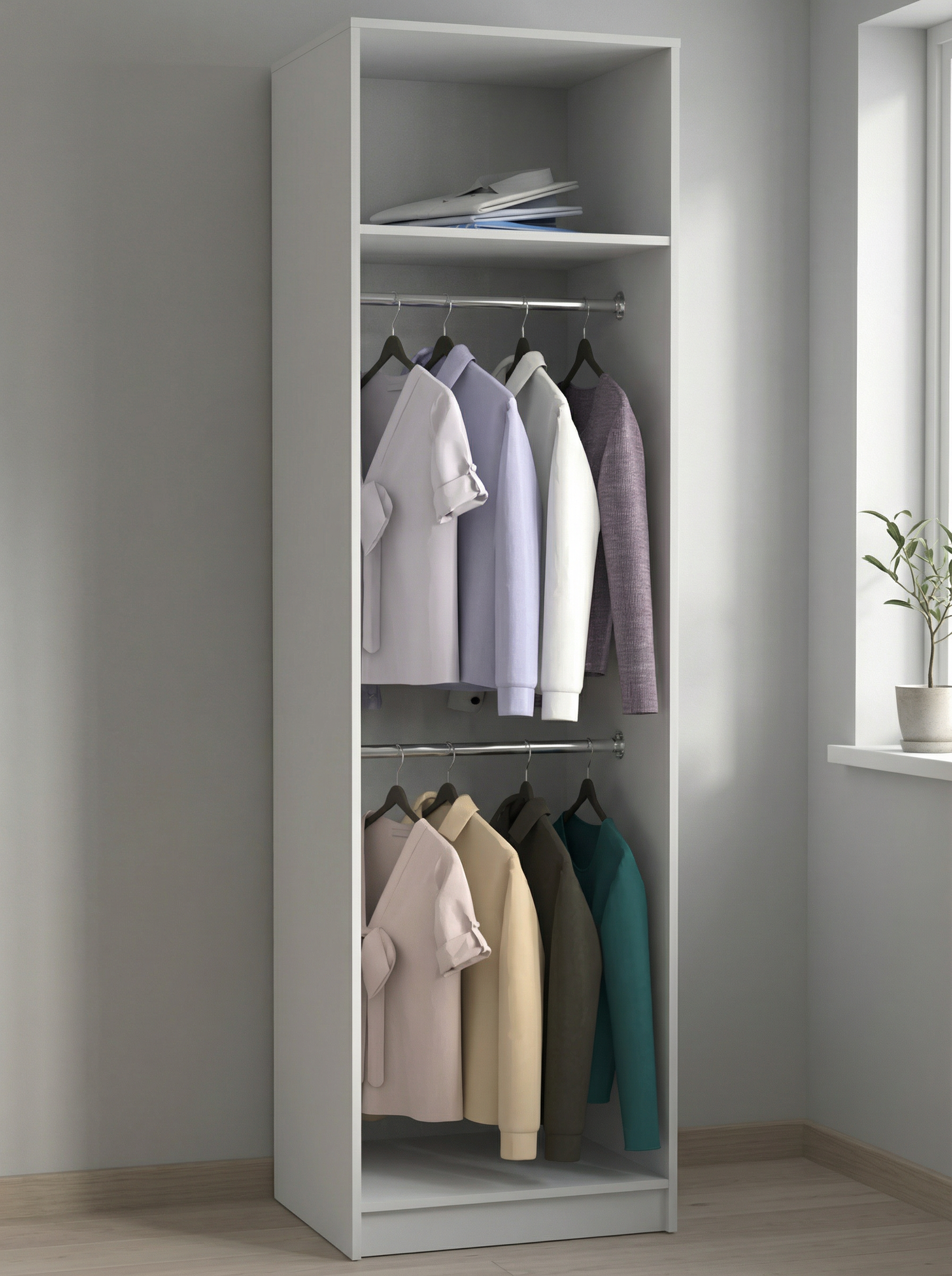 Открытый гардеробный шкаф-пенал Макс-4 с 2 штангами для вешалок и полкой, ШхГхВ: 60х50х210 см, белый