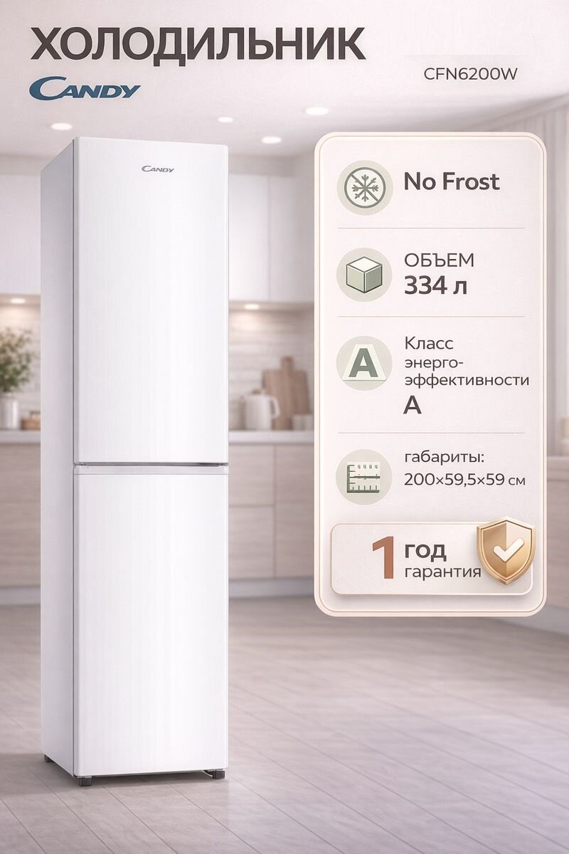 Холодильник Candy CFN6200W, двухкамерный, без инея, перевешиваемые дверцы, белый