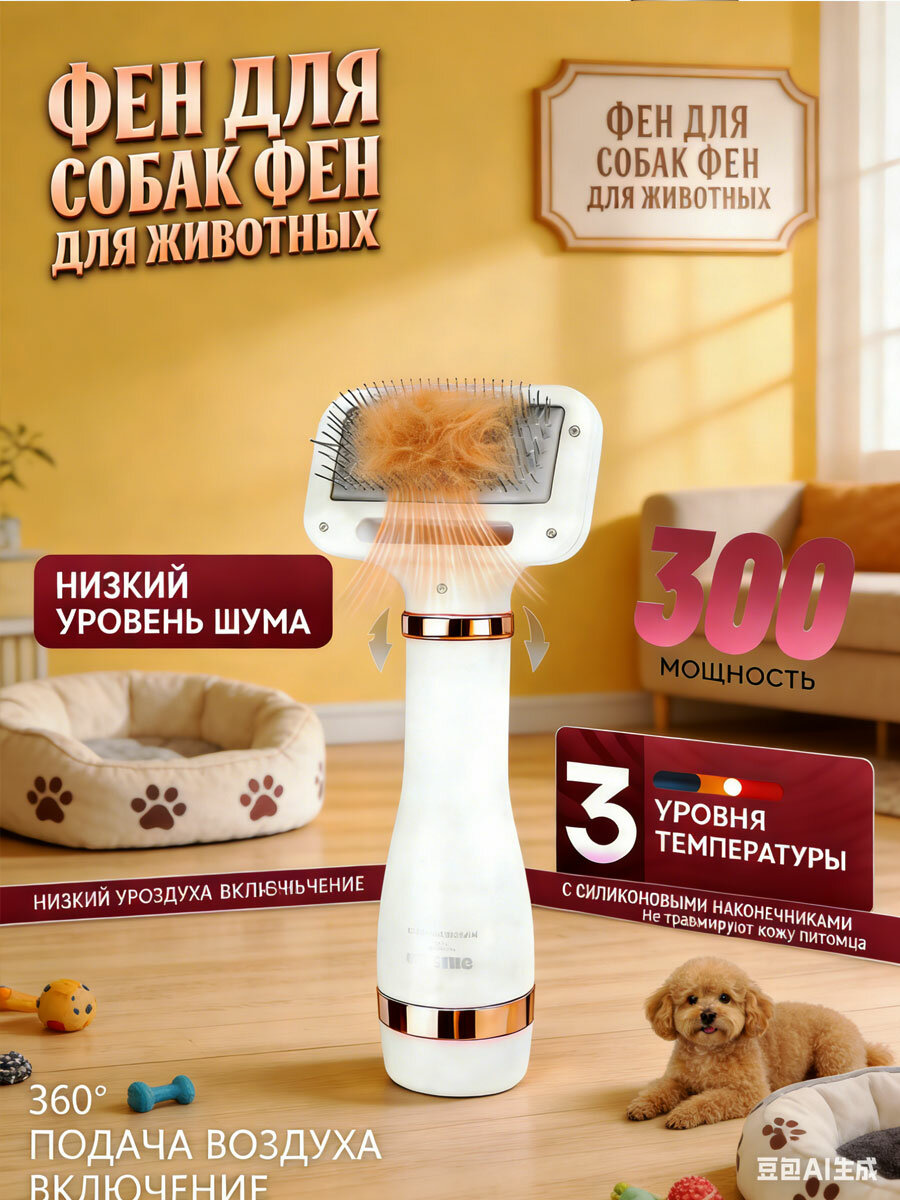 Фен-расчёска, для собак и кошек, белый, 3 скорости, регулировка температуры