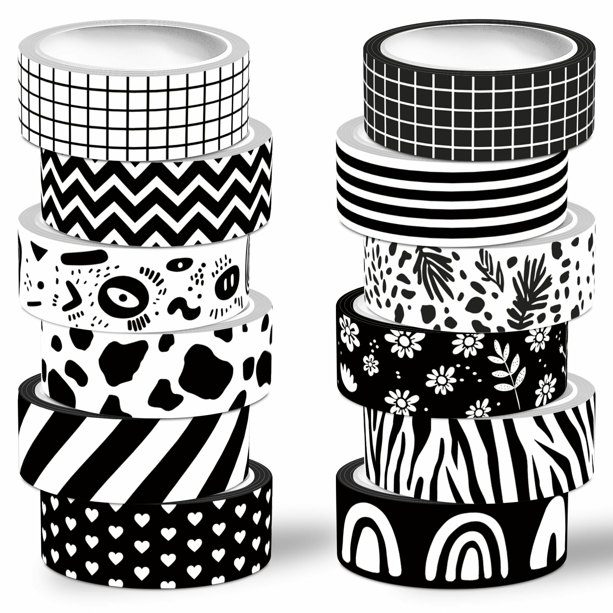 12 рулонов декоративной васи-ленты, черно-белая коллекция с узорами для скрапбукинга, планеров и подарочной упаковки, японская бумага васи, 15 мм x 3 м