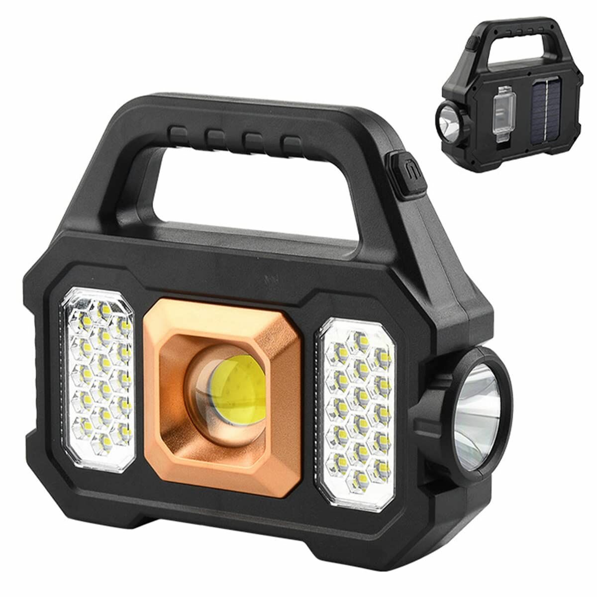 Портативный солнечный прожектор LED, солнечная/USB перезаряжаемая мощная фонарик, двойной источник света, водонепроницаемый, 6 режимов, фонарь для кемпинга, чрезвычайных ситуаций и активного отдыха.