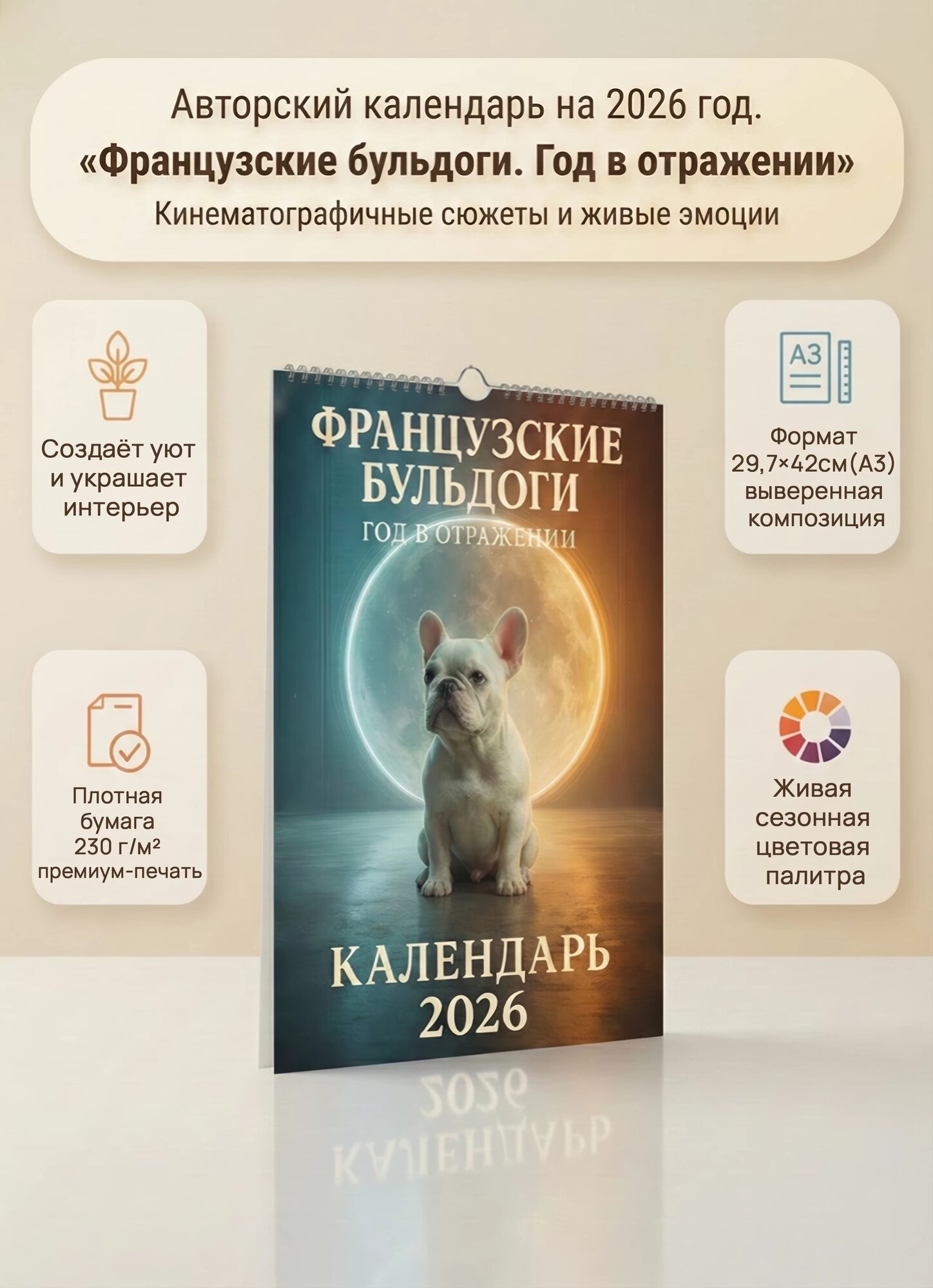 Авторский настенный календарь на 2026 г. «Французские бульдоги. Год в отражении», 29,7×42 см (А3), коллекционное издание