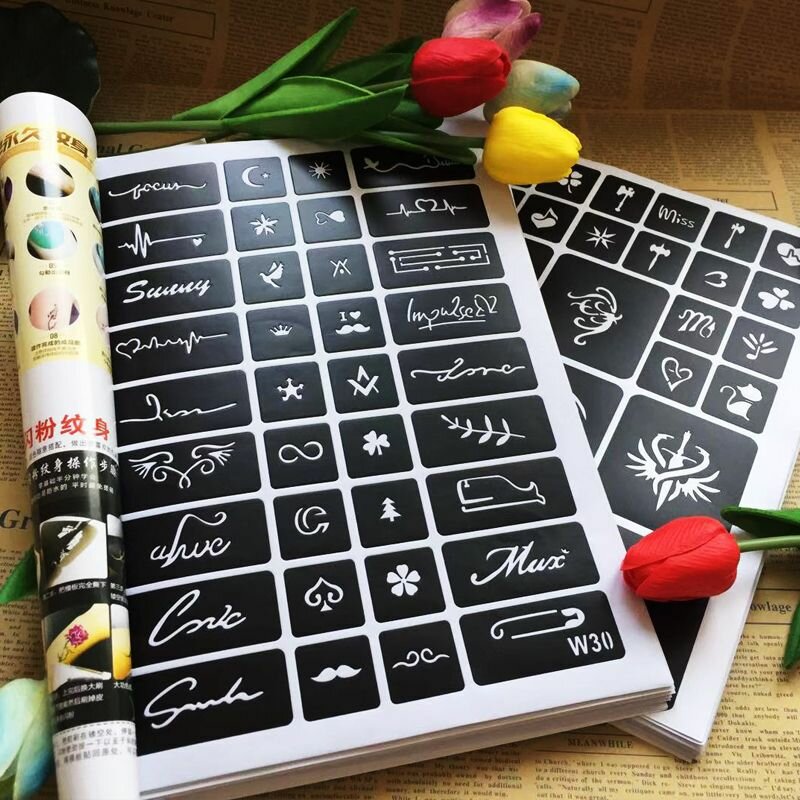 SG Горячие продажи Корейский стиль Полупостоянные маленькие татуировки Наклейки Шаблон сока Полый узор Трафарет Книга Татуировки Хна Спрей Набор для рисования Бесплатная доставка