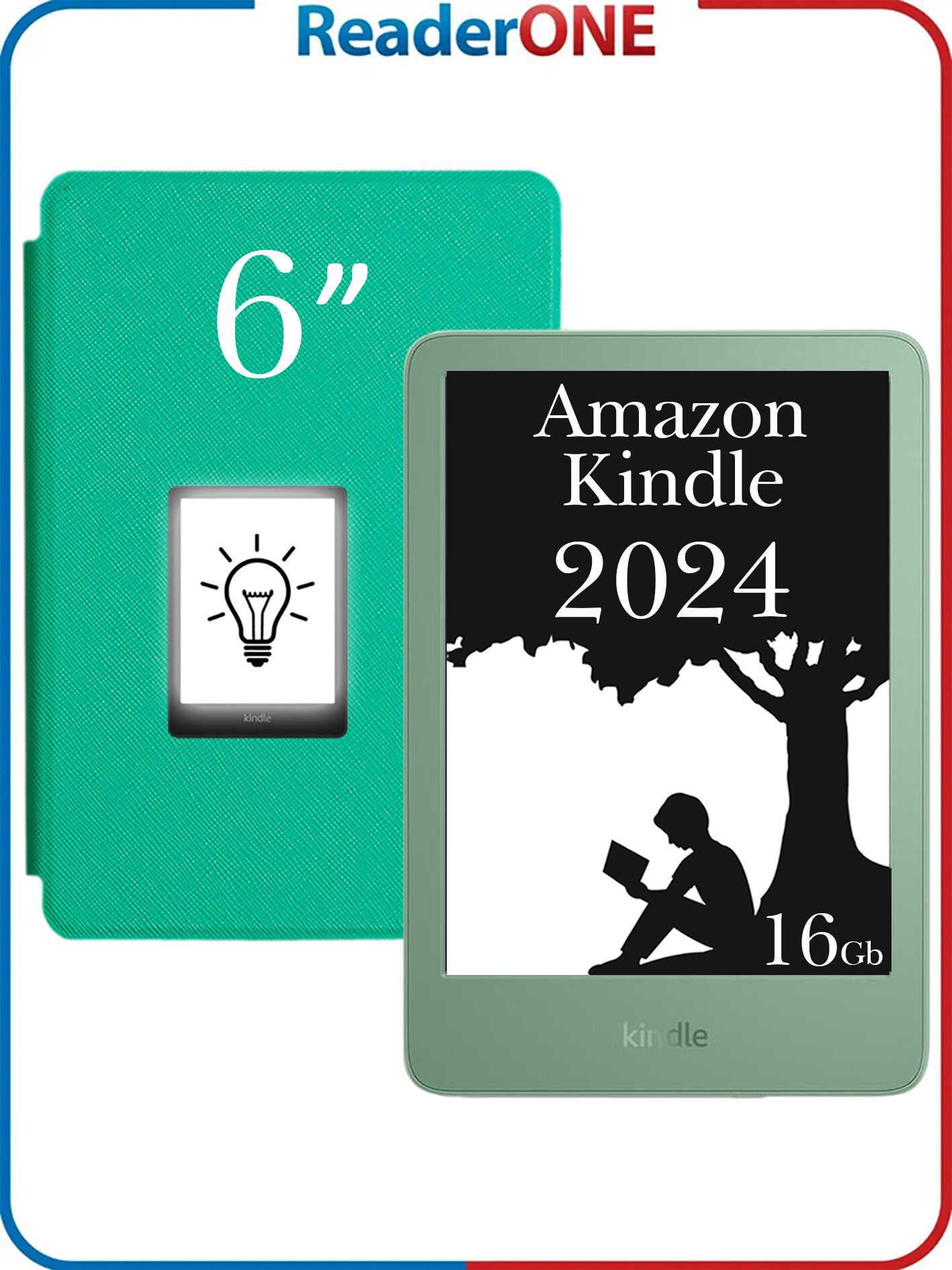 Электронная книга Amazon Kindle 11, 6 дюймов, 2024, 16 Гб, SO, зеленая (Matcha) с обложкой ReaderONE Light Green