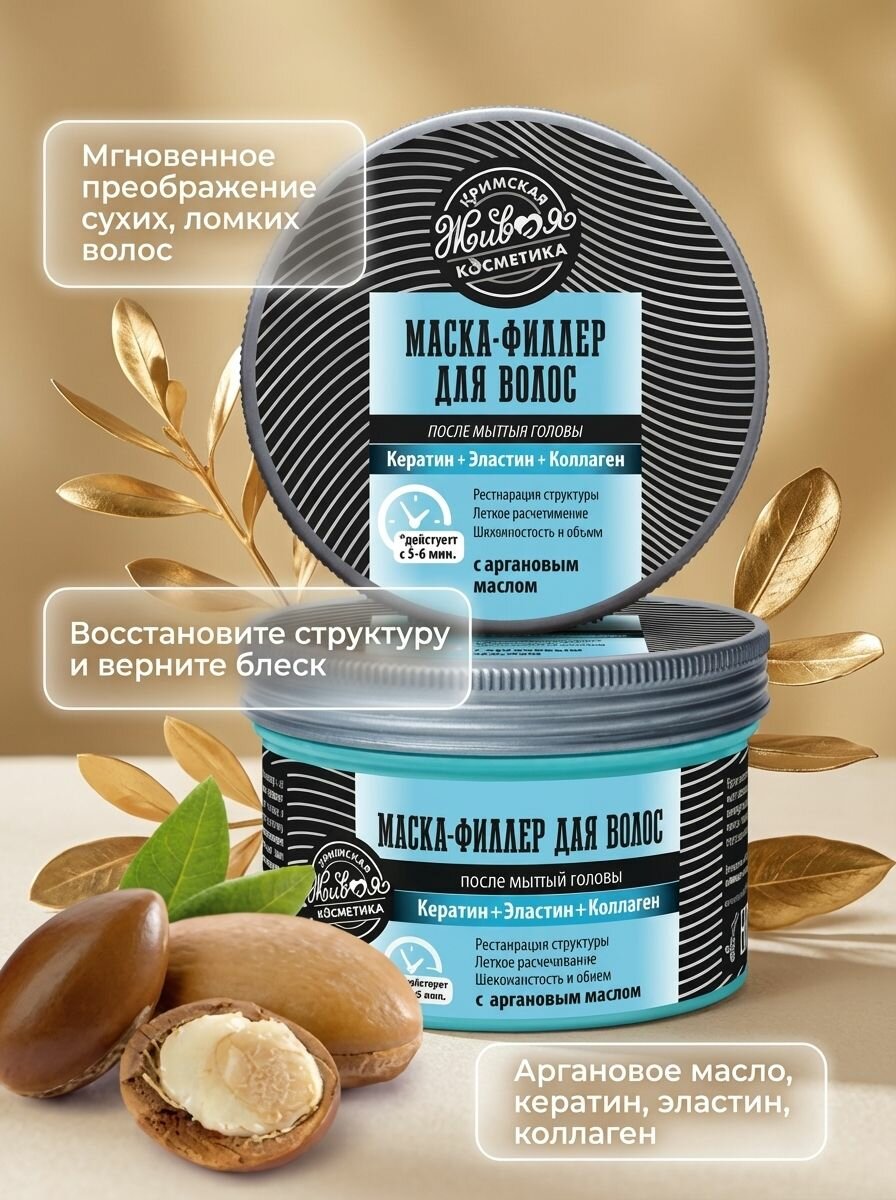 Маска-филлер для волос после мытья с аргановым маслом восстанавливающая для сухих кончиков, 250 г