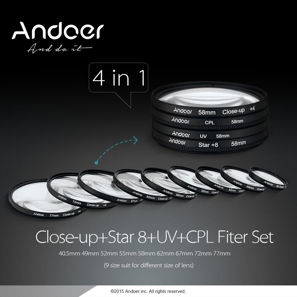 Andoer 62 мм UV+CPL+Close-Up+4 +Star 8-точечный фильтр Circular Filter Kit Circular Polarizer Filter Macro Close-Up Star 8-точечный фильтр с сумкой для Nikon Canon Pentax Sony DSLR Camera