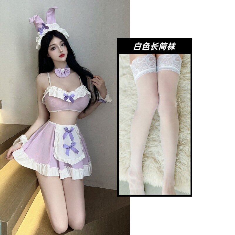 Сексуальное нижнее белье, откровенное декольте, костюм горничной, соблазнительный кружевной комплект униформы, лента/горничная, открытая промежность, снимать не нужно. Костюм горничной + белые чулки.