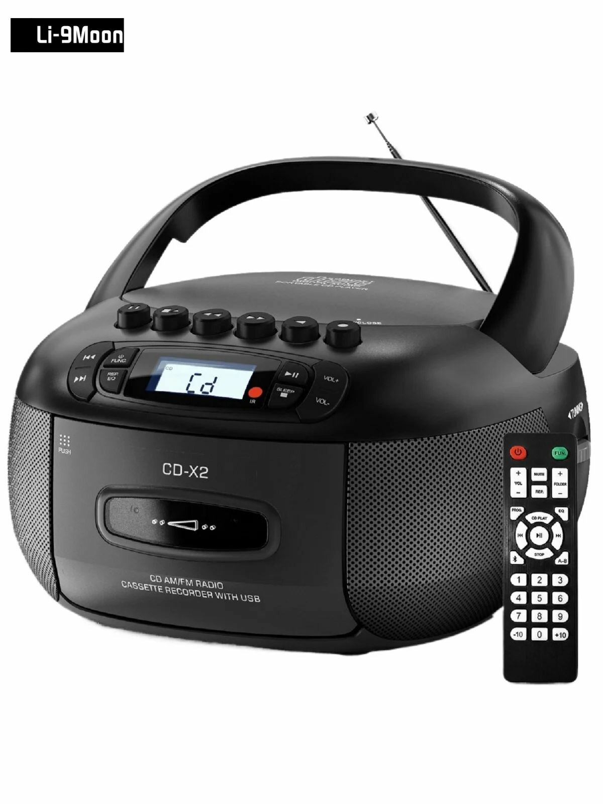 CD-бумбокс с кассетным проигрывателем, AM FM-радио, Bluetooth и пультом дистанционного управления, AUX/USB MP3