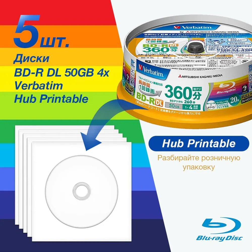 Verbatim Диск для записи BD-R, 50 ГБ, 5 шт