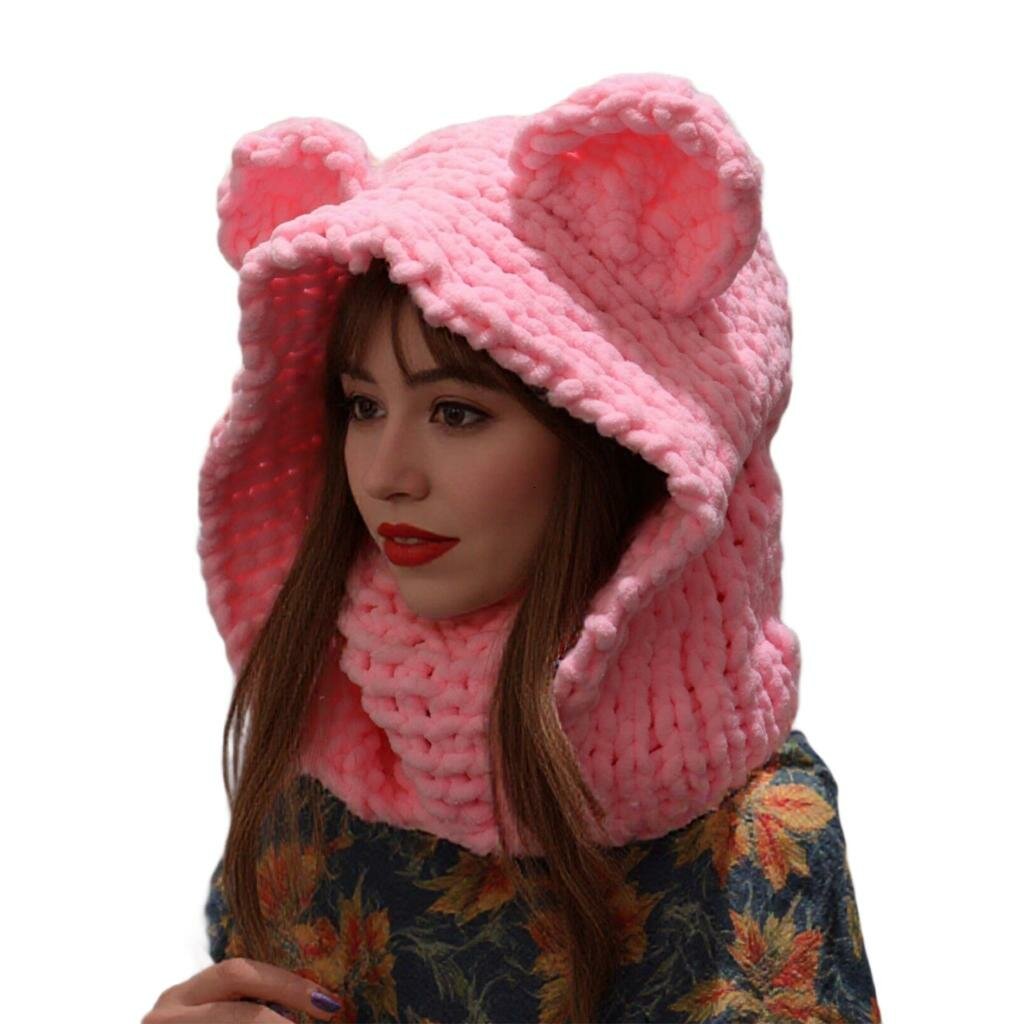 Шапка с ушами медведя, теплая вязаная с шарфом-маской, Розовый