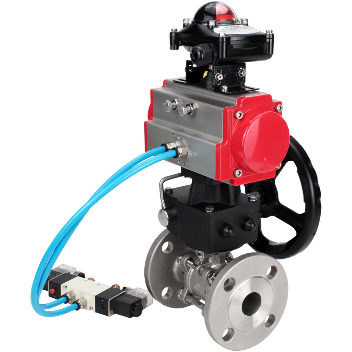 Кран шаровой DN.ru кшфпт 304.180 Ду65 Ру25 фланцевый, полнопроходной, трехсоставной, корпус нержавеющая сталь 304, уплотнение PTFE, с пневмоприводом DA-083, пневмораспределителем PND1-S2EM-52-2-T10-220VAC, БКВ LSB-210-02NM12-220/24 и ручным дублером HDM-2