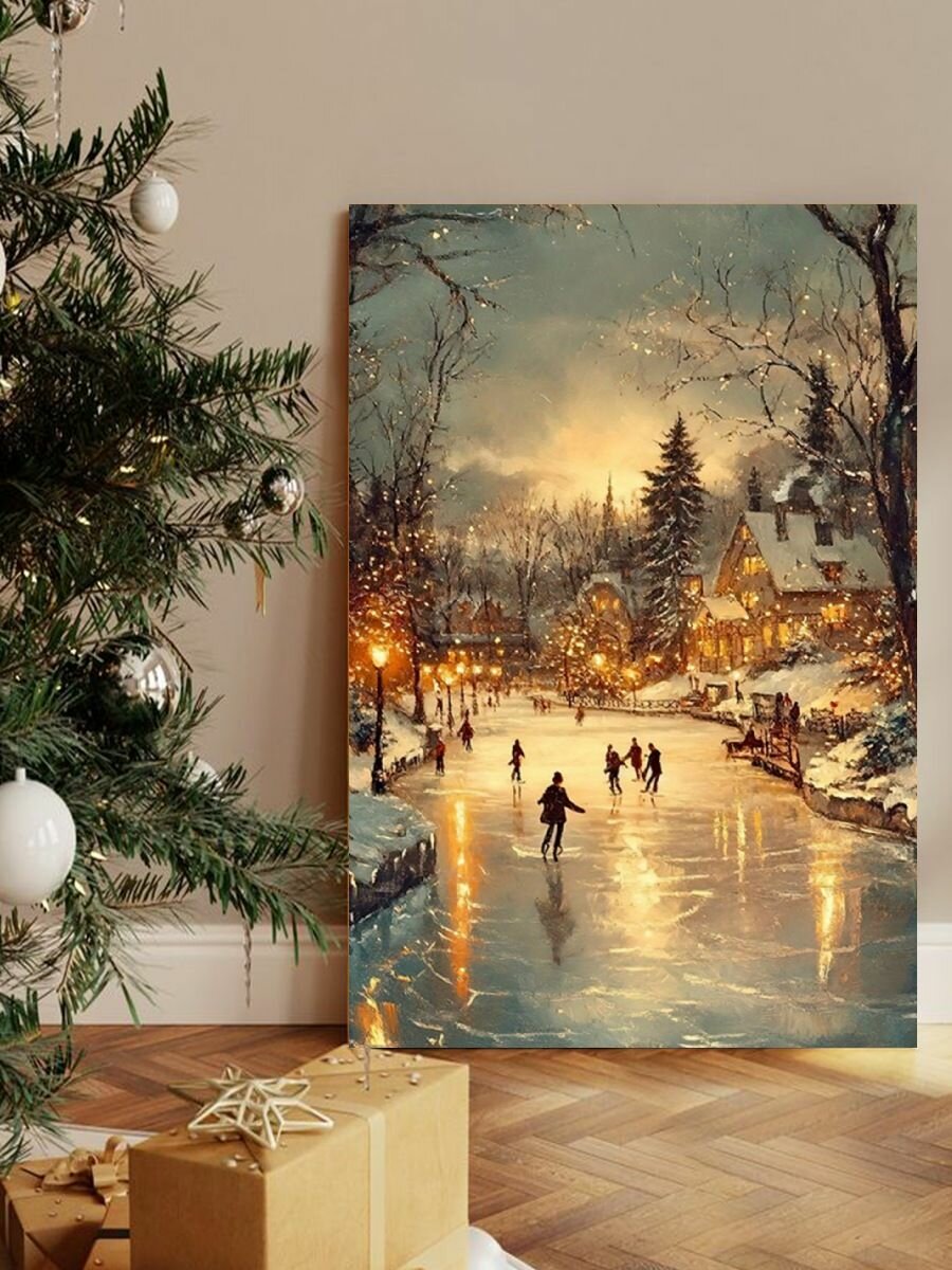 Теплый зимний вечер в маленьком городке на холсте 40 х 60CM
