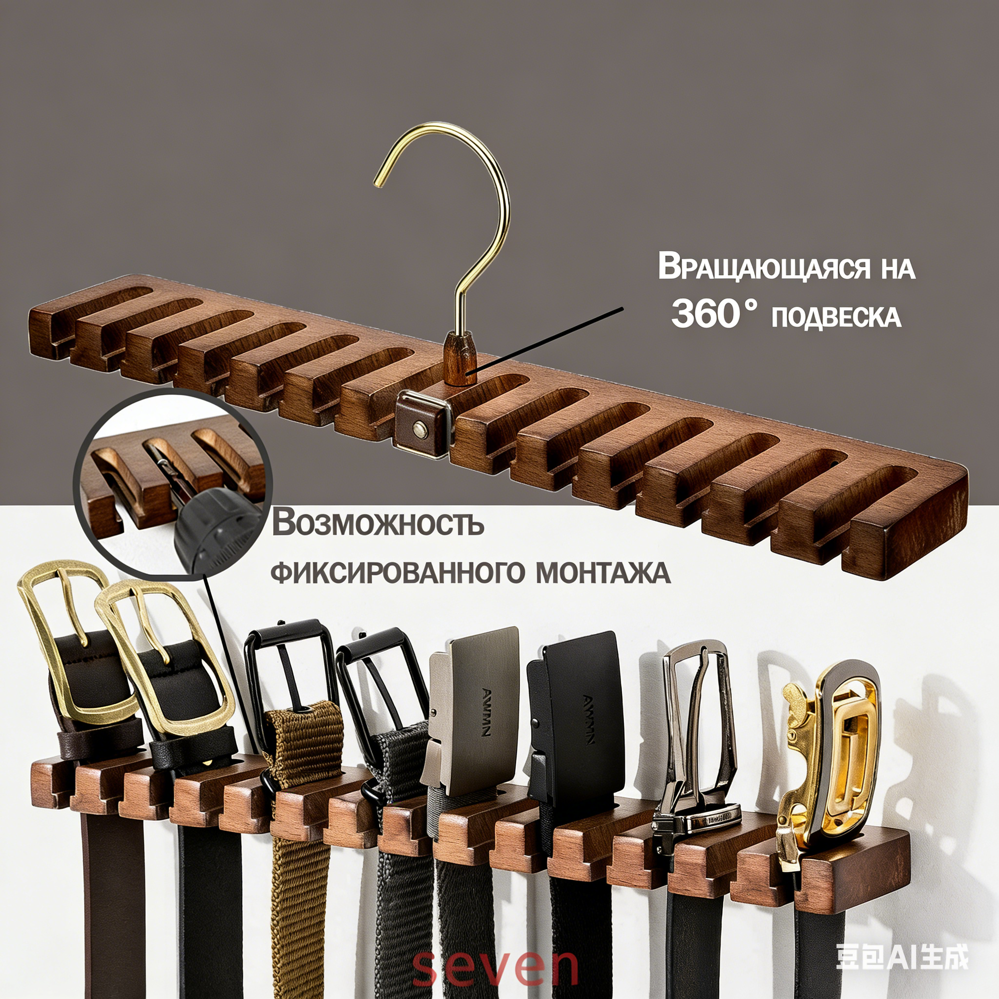 Вешалка-Органайзер "Для ремней и галстуков", коричневая, 38см, настенная, 12 крючков