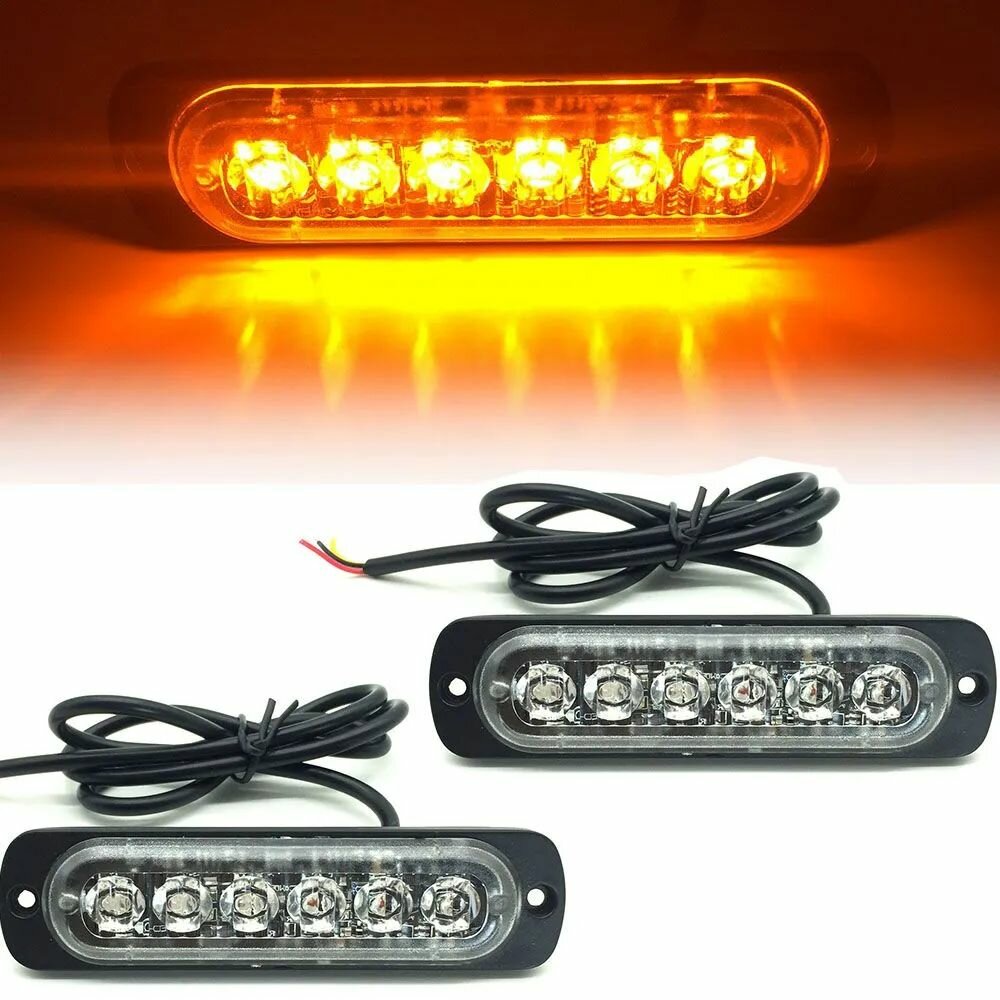 2 шт стробоскоп для авто — проблесковый маяк 6 LED жёлтый, питание 9–40В, Samsung чипы, 18 режимов, IPX4, для мото