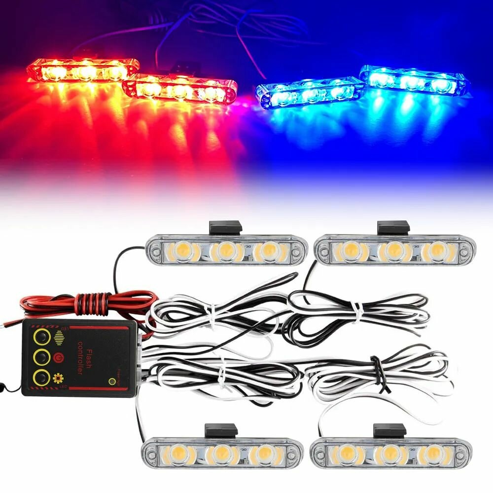 Красно-синий светодиодный стробоскоп на передней решетке радиатора автомобиля, Полицейские аварийные сигнальные огни, светодиодная сигнальная лампа-вспышка, дневные ходовые огни 12 В