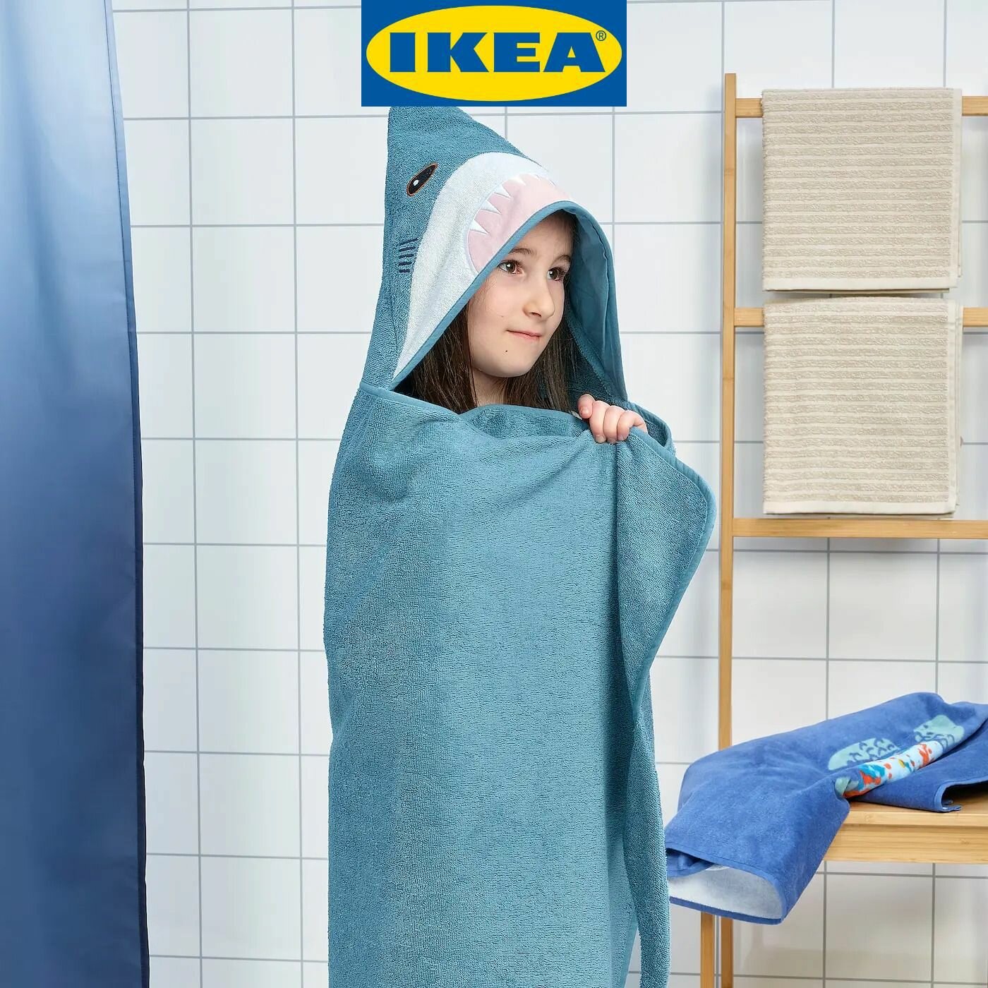 Икеа Бла Вингад Банальные полотенца с капюшоном, акулы формы / сине - серый, 70x140 см