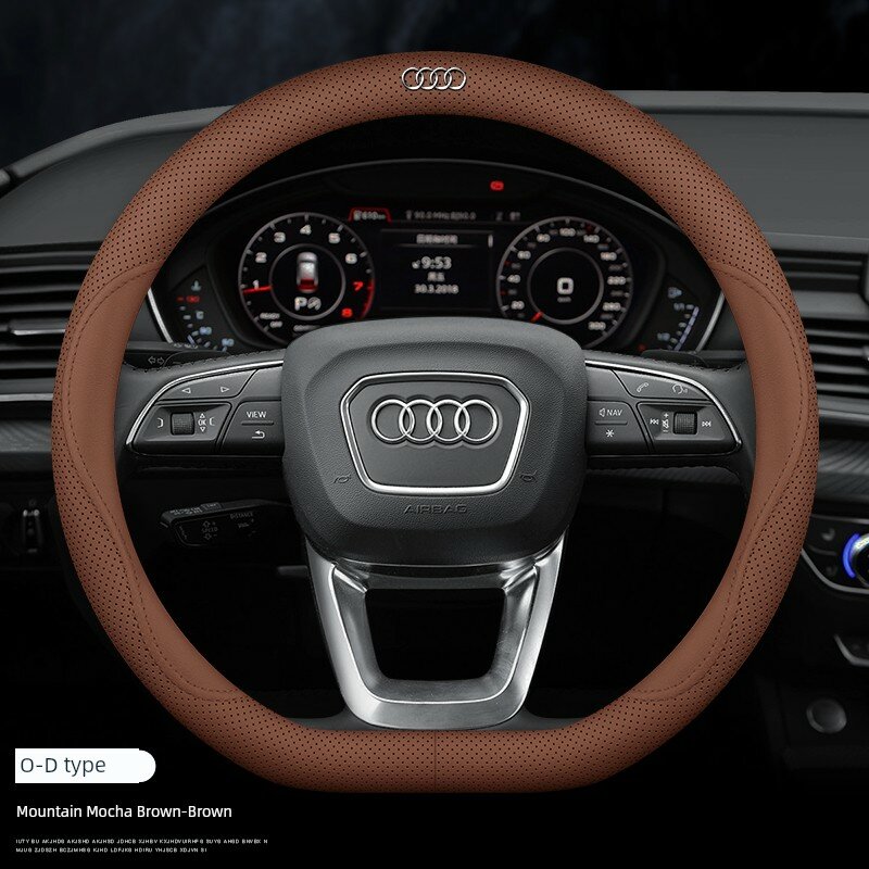 Полностью кожаный чехол для руля Audi с логотипом, мокко-коричневый - подходит для моделей Q5L A4L A3 A6L Q3 Q2L A5 Q7