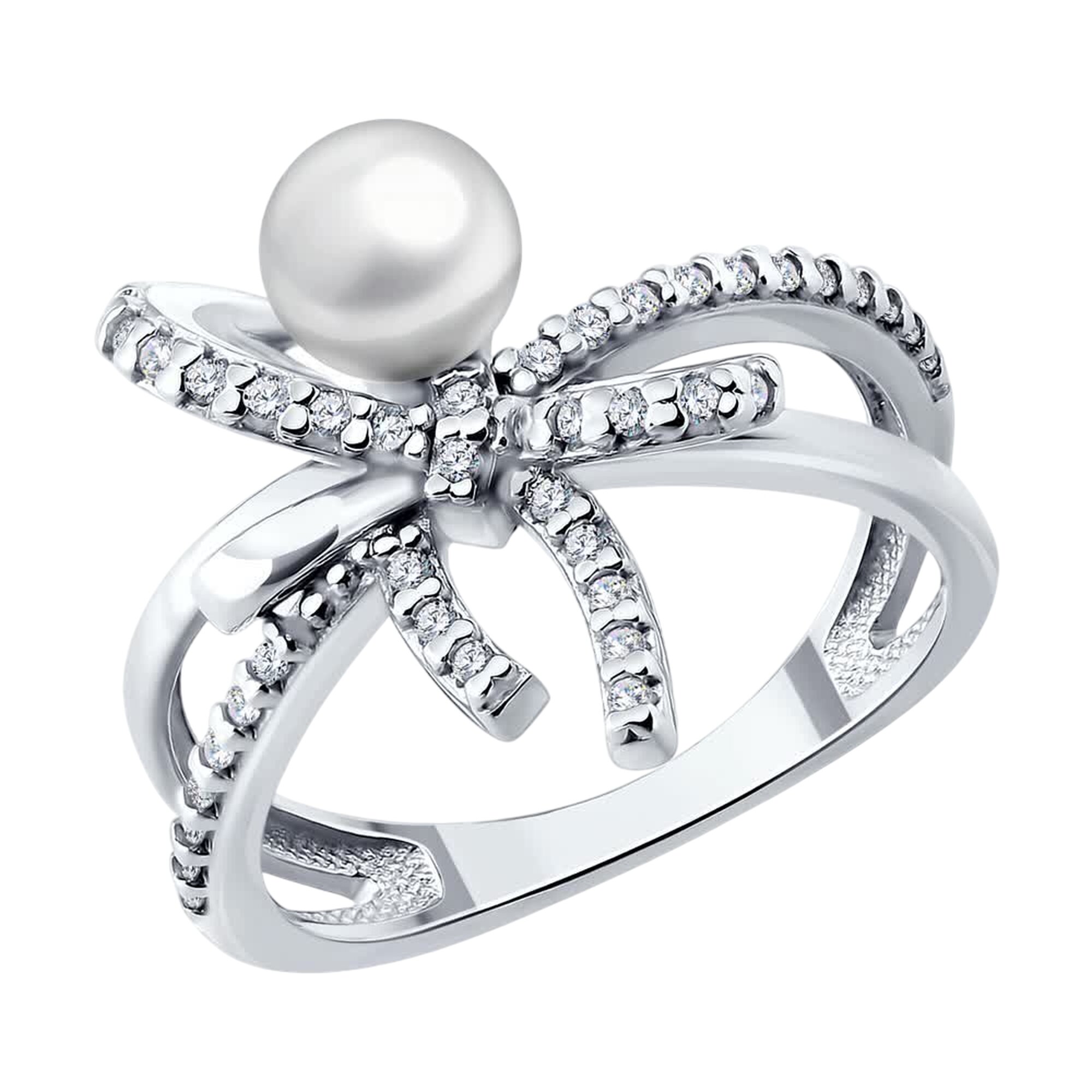 Кольцо, серебро, 925 проба, родирование, жемчуг, фианит