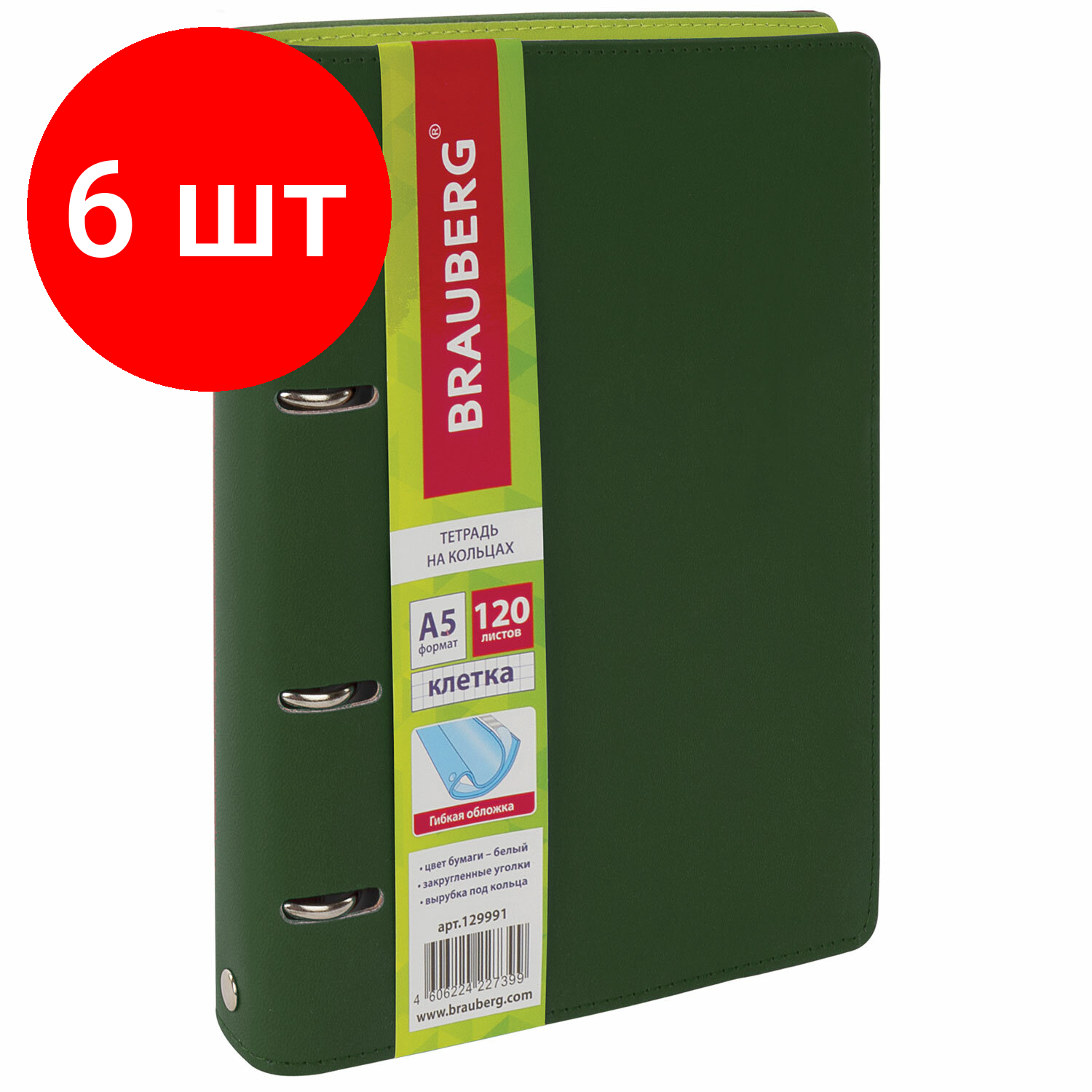 Комплект 6 шт, Тетрадь на кольцах А5 (180х220 мм), 120 листов, под кожу, BRAUBERG "Joy", зелёный/светло-зелёный, 129991