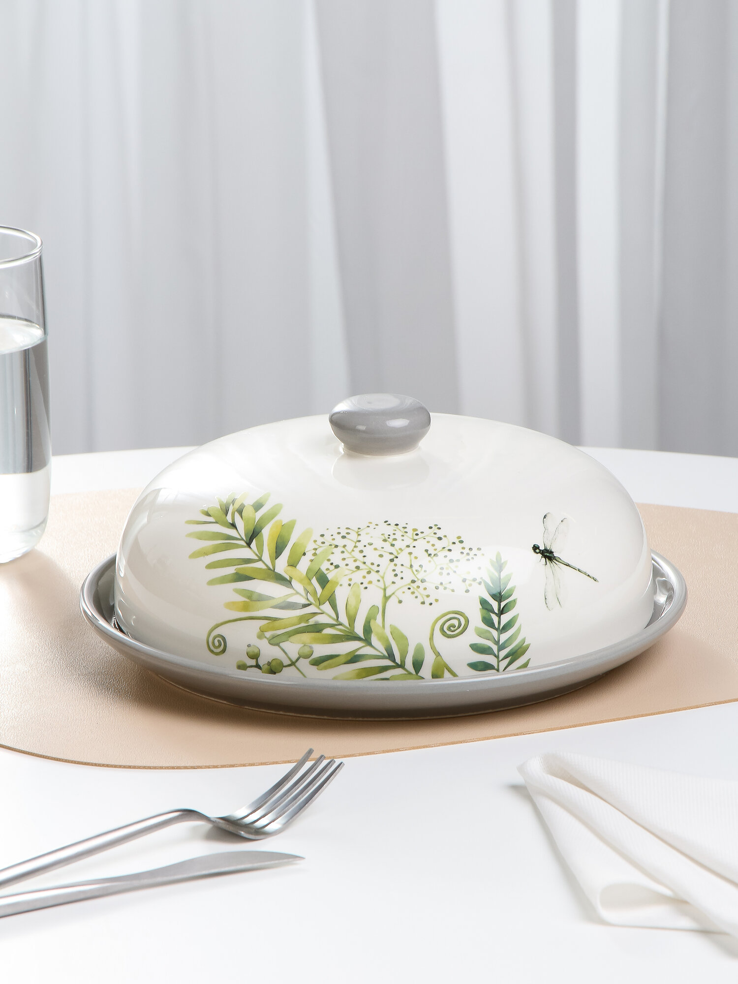 Блюдо керамическое Prima Collection Дикий папоротник 25 см с крышкой для блинов, торта и закусок, серое круглое