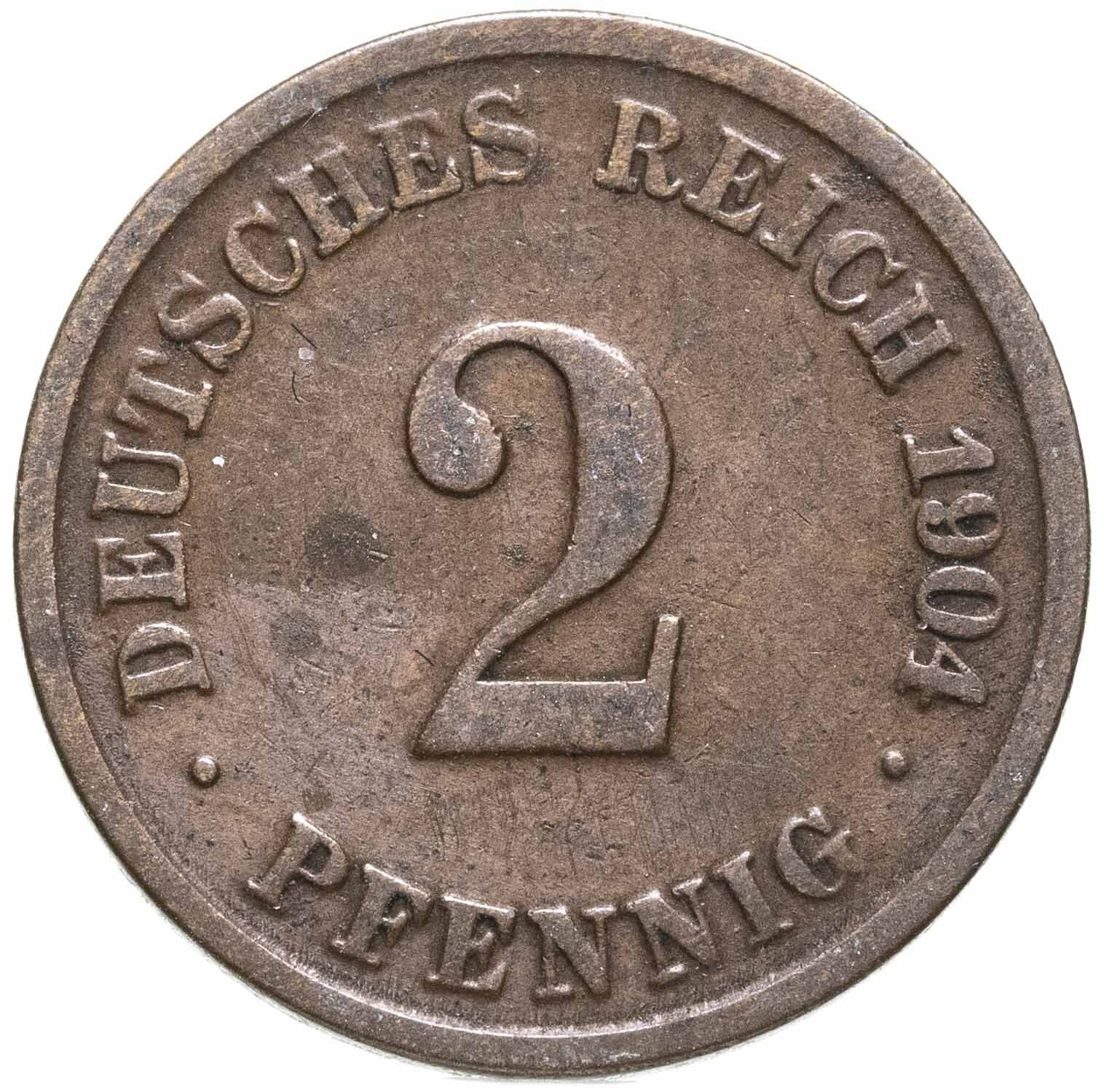 Германия 2 пфеннига pfennig 1904 D, Медь, в сохранности VF-XF