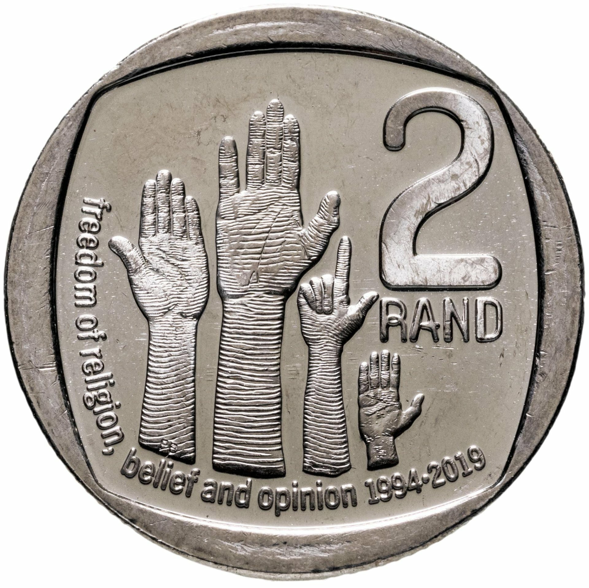 Южная Африка ЮАР 2 рэнда 2020 "Свобода религии и убеждений", Мельхиор медь-никель, в сохранности UNC