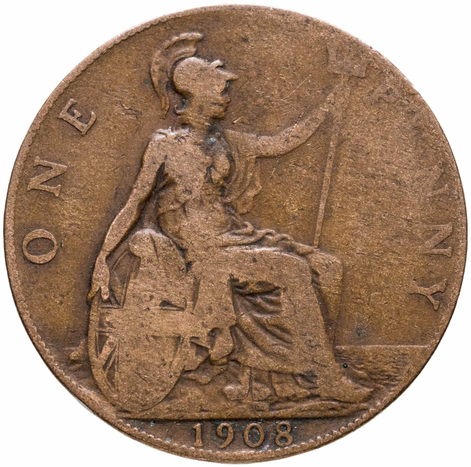 Великобритания 1 пенни penny 1908, Бронза, в сохранности F