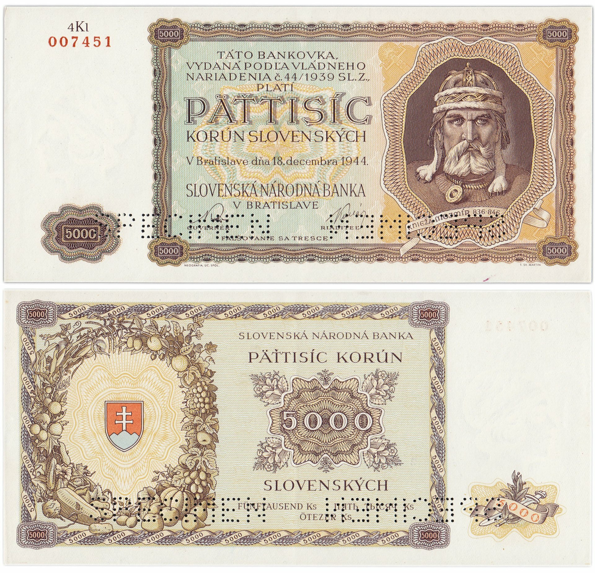 Словакия 5000 крон 1944, образец SPECIMEN